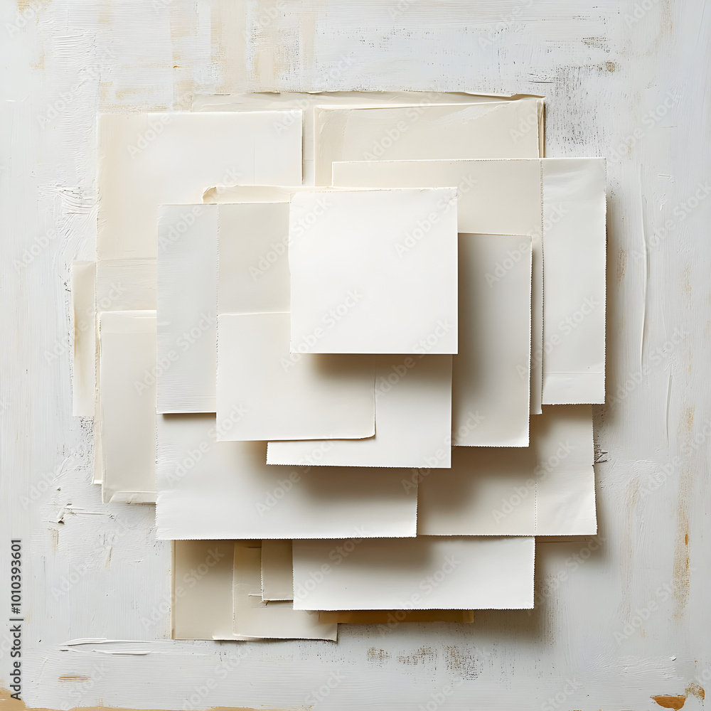 Layered blank notes with different sizes, each held by adhesive tape at ...