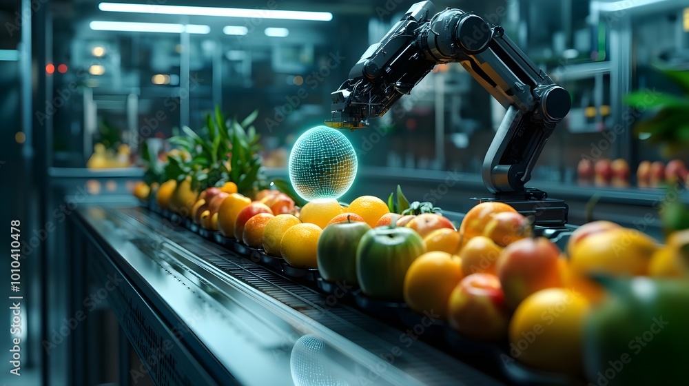 Robotic arm scanning fruits with X-ray beams, transparent holographic ...