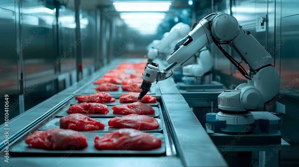 Robotic arms in a futuristic food factory, AI-powered laser systems ...