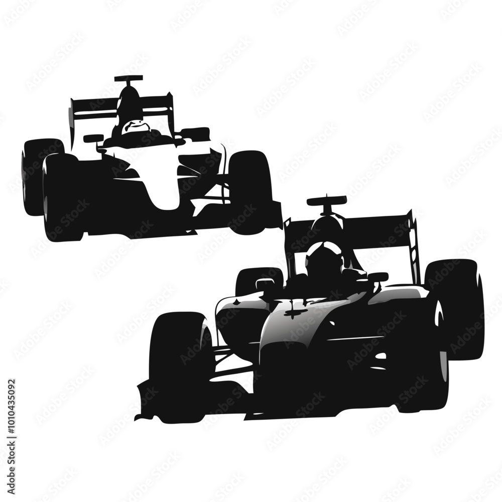 Formula One Silhouettes: Two sleek Formula 1 race cars, rendered in ...