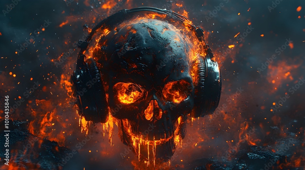 Flaming skull adorned with industrial headphones, molten metal dripping ...