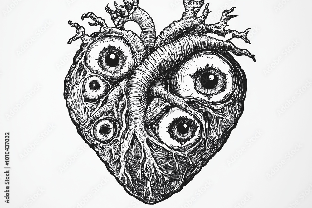 Heart-shaped creature with multiple eyes and twisted roots illustration ...