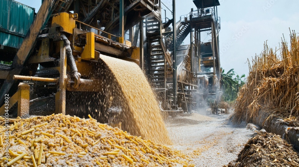 Photo & Art Print Sugarcane Processing Plant with a Stream of Bagasse ...
