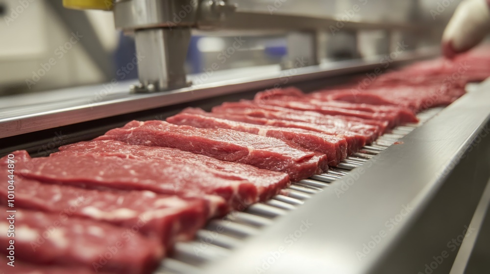 Raw Meat Strips on a Conveyor Belt in a Food Processing Facility Stock ...
