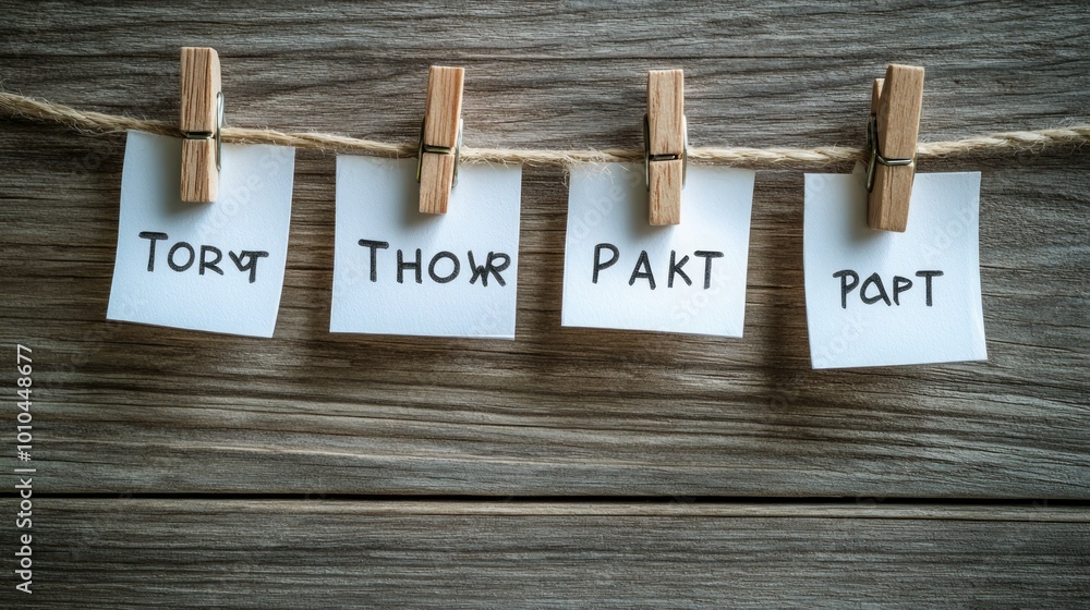 Four white square pieces of paper with the words 'TORY', 'THOUR', 'PAKT ...