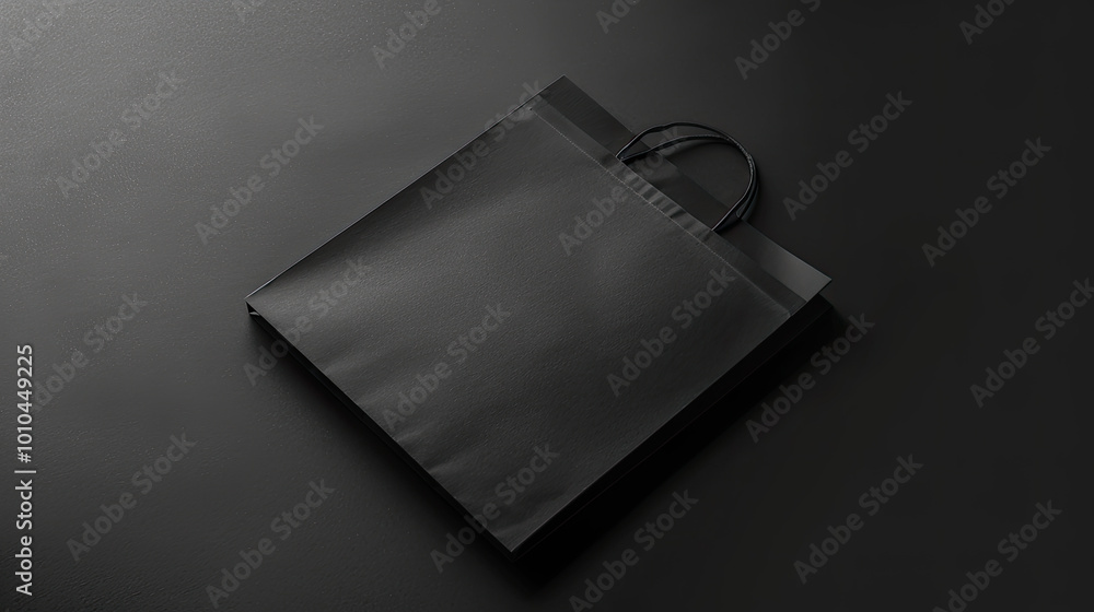 Matte black paper bag, detailed with folds, lying flat on a uniform ...