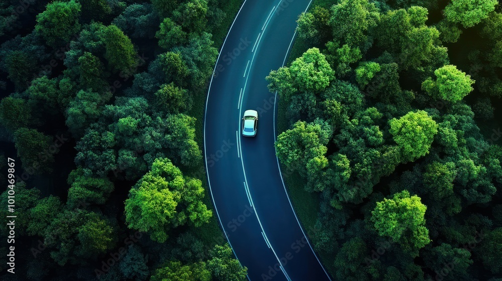 Aerial top view road in forest with car motion. Winding road through ...