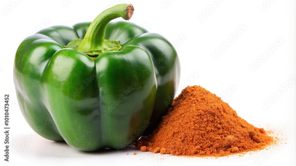 Extreme close-up of green pepper paprika on white background with ...