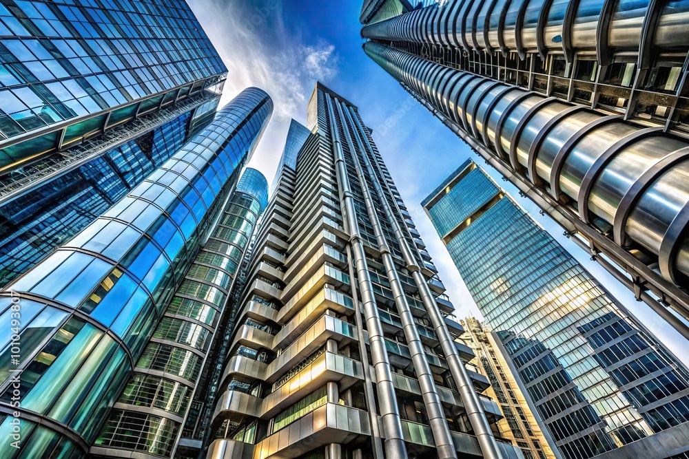 Extreme close-up view of London's Lloyds building and other skyscrapers ...