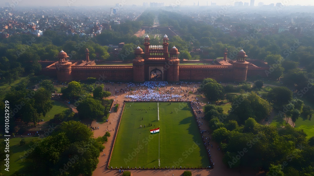An aerial view of Red Fort with the national flag hoisted during the ...