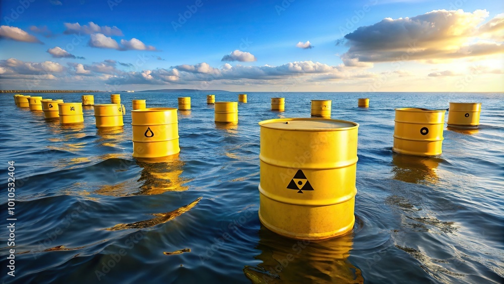 Floating yellow barrels in the ocean depicting pollution and ...