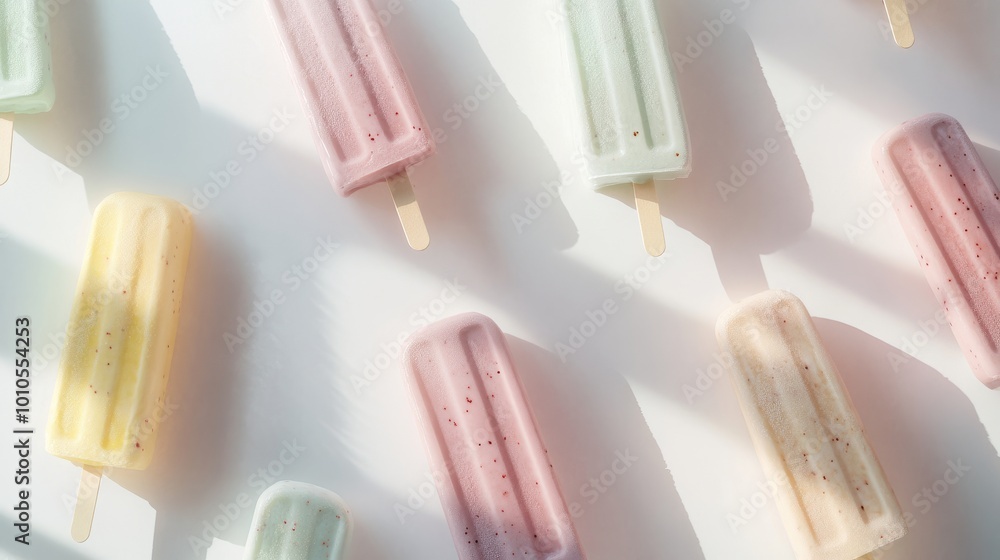 Multiple ice cream bars on a white table, taken from above, with light ...