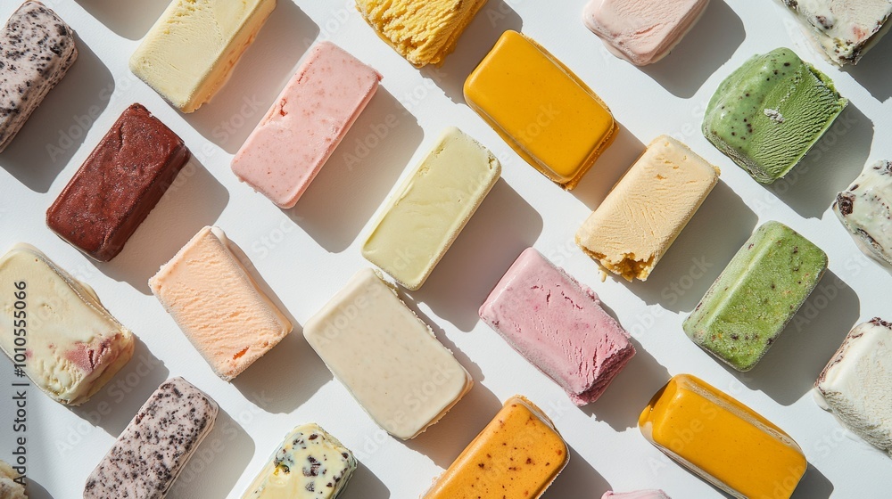 Various colorful ice cream bars on a white table, taken from a high ...