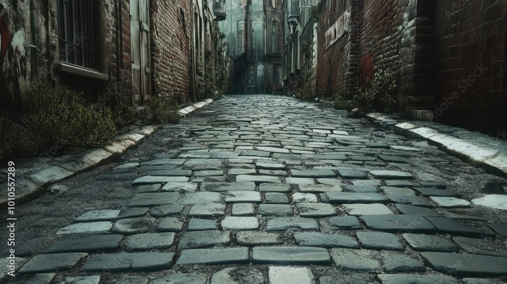 Worn-out cobblestone street with chipped edges, framed by faded ...