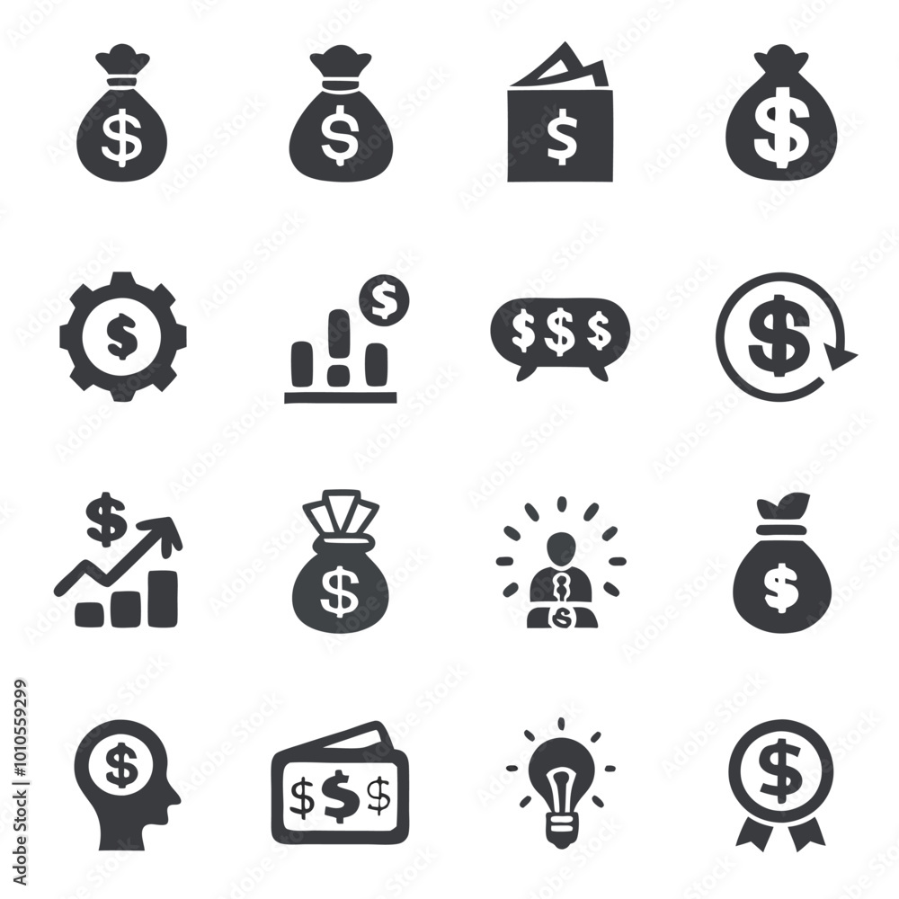 Earn Money Icons Set Black and White Currency and Cash Symbols Flat ...