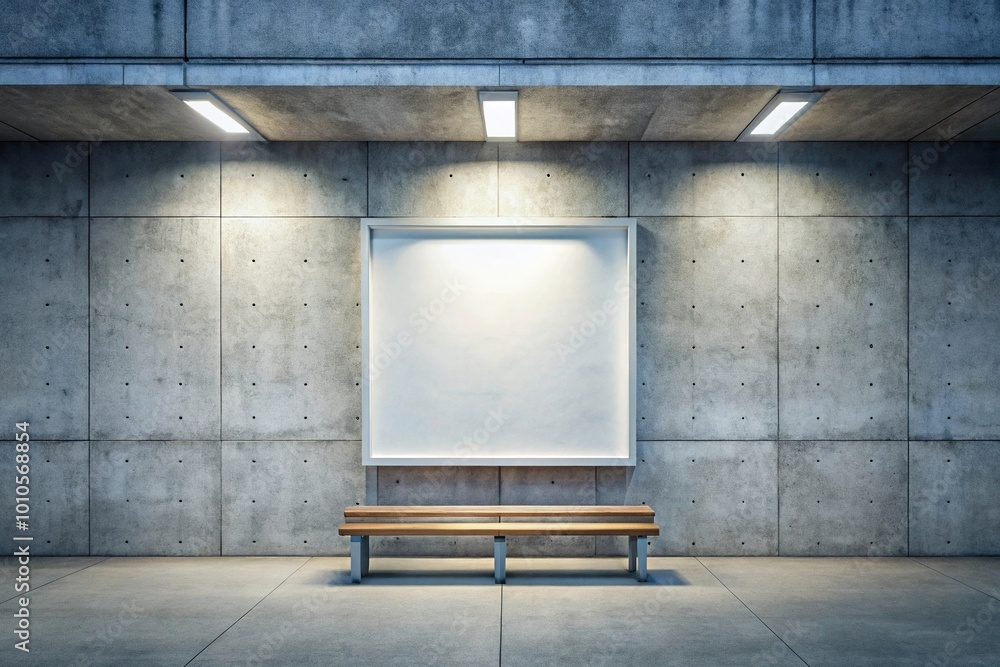 Forced perspective concrete wall with blank billboard bench and ...
