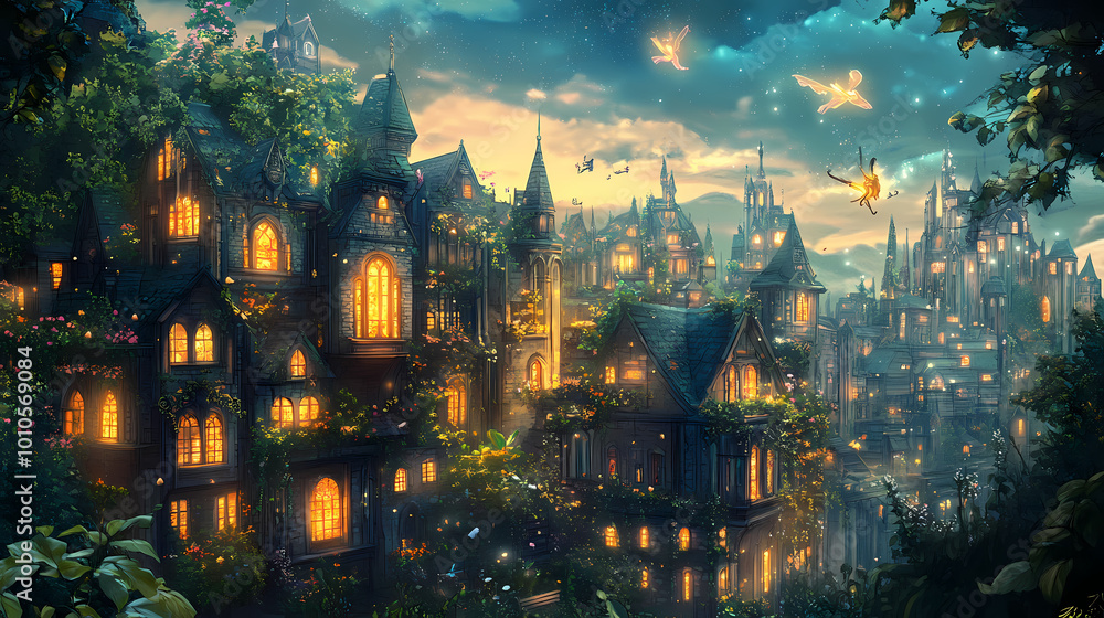 A magical urban city, where the buildings are alive with enchanted ...