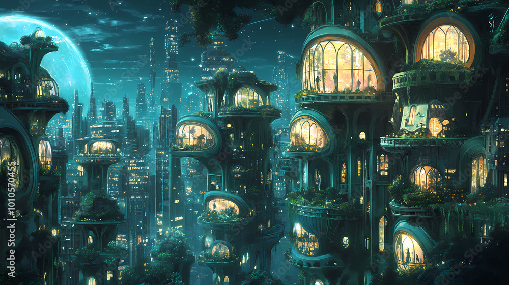 A magical urban city, where the buildings are alive with enchanted ...
