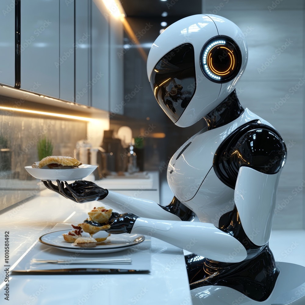 Robot Serving Food in Modern Kitchen Futuristic AI Concept Stock ...