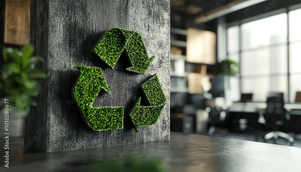 Green recycle symbol icon against a professional office environment ...
