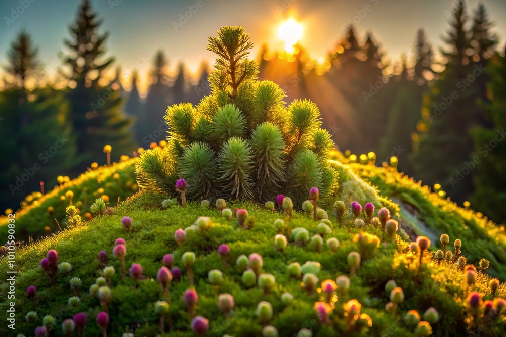 Dry Grass Mound and Flower Buds Landscape with Spruces in Ambient Light ...