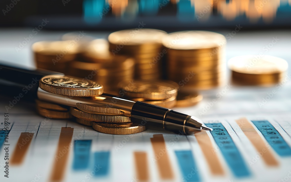 Economy and finance background featuring money coins, a pen, and stock ...
