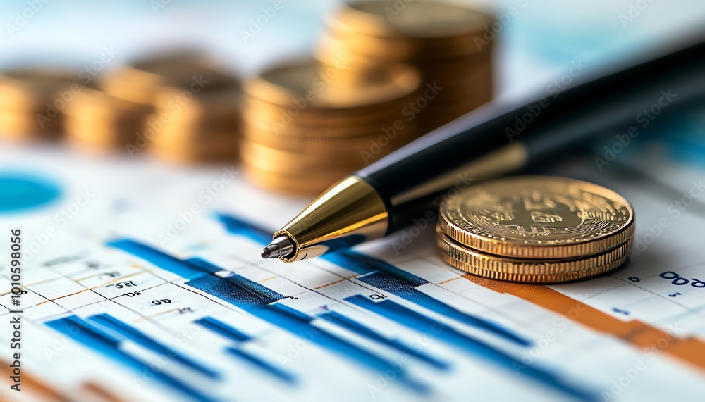 Economy and finance background with a blend of money coins, a pen, and ...