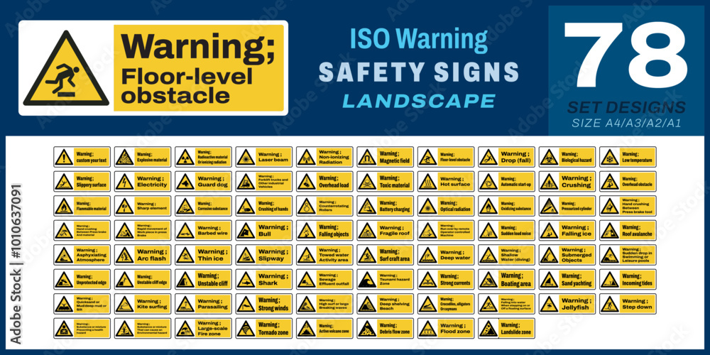 78 set ISO warning safety signs v6 floor-level obstacle_landscape size ...