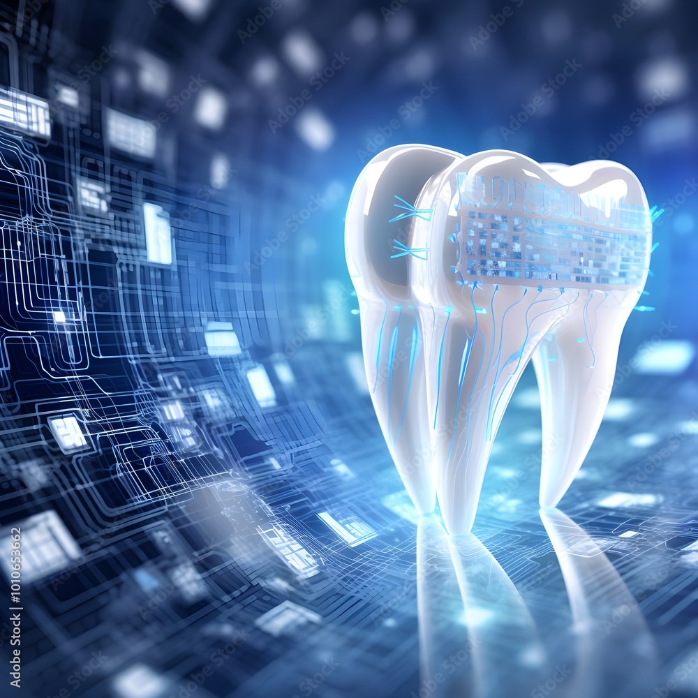 Ai Generated Square Format Image Of Teeth With Cyan Connections Overlay