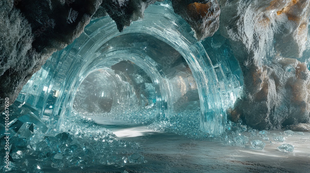 A network of clear glass tunnels winds through a vast cave full of ...
