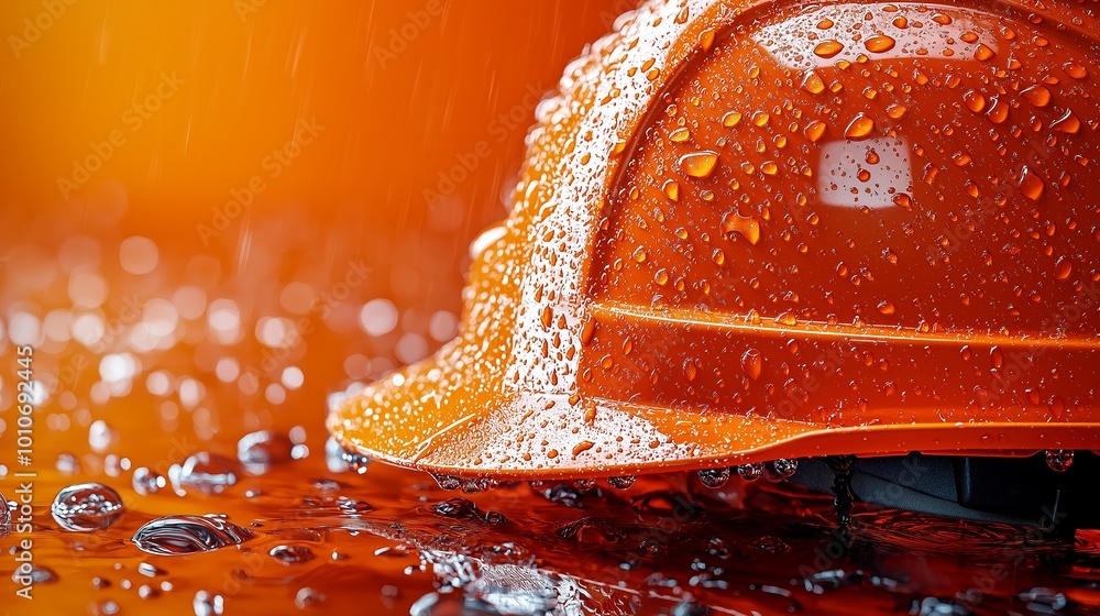Wet orange hard hat sits on a wet surface. The hat is dripping water ...