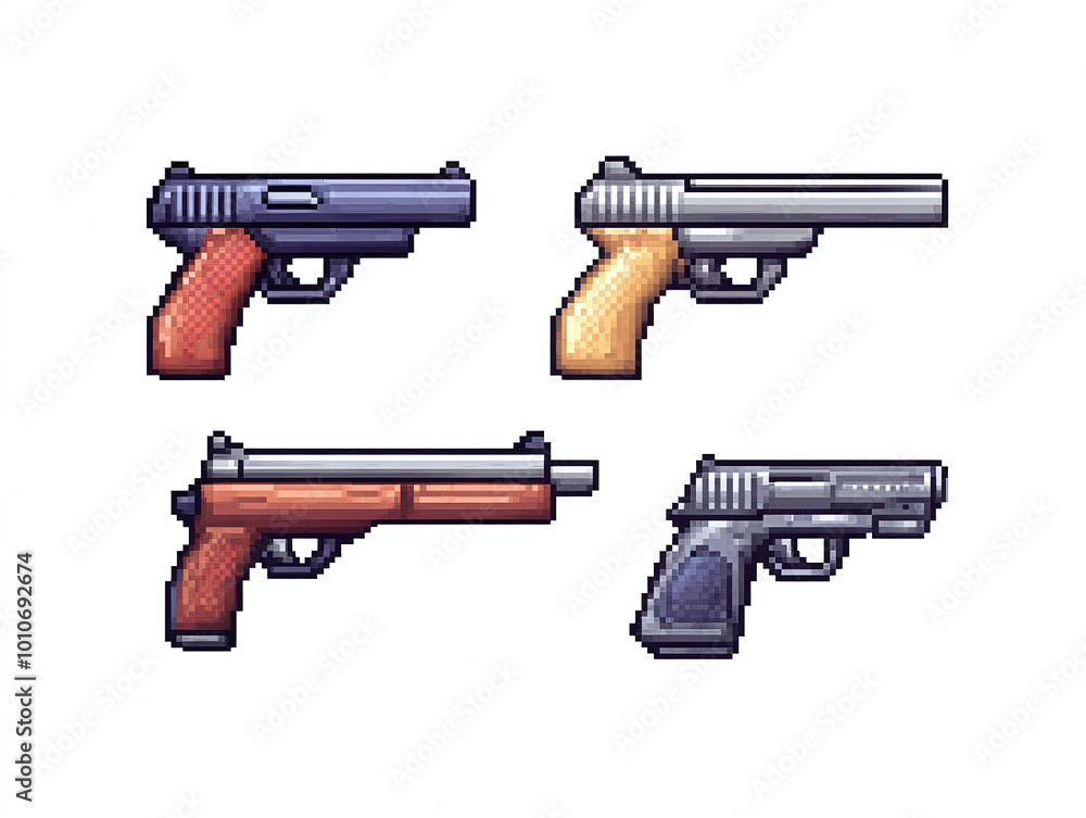 Pixel Art Handgun Set: 4 Unique Weapon Sprites for Games Stock ...