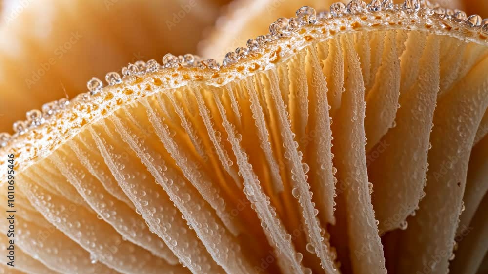 A close-up view of a mushroom's gills, covered in tiny droplets of dew ...