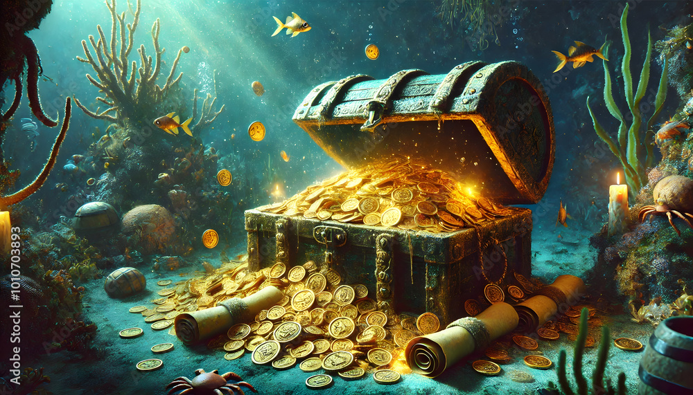 Underwater Treasure Chest Overflowing with Gold Coins Stock Photo ...