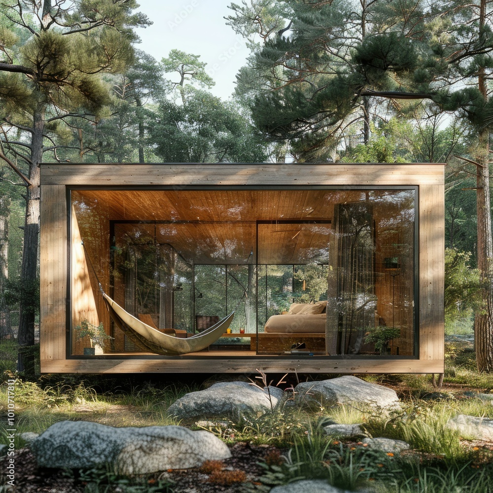 modern design modular house in nature, next to a hammock. house in a ...