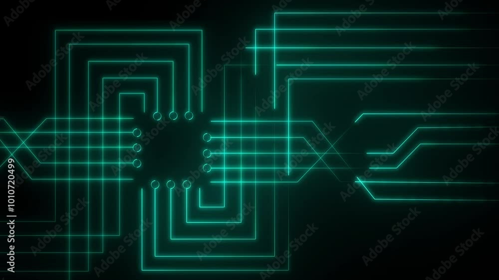 Microchip neon animation. Electronic component animated icon glow effect. Moving signals ...