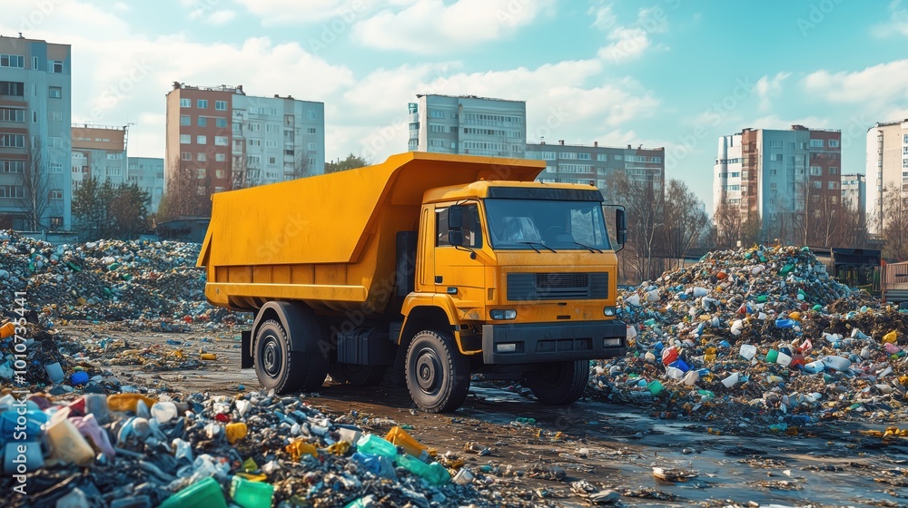 A yellow truck is parked in a waste-filled area, showcasing the ...