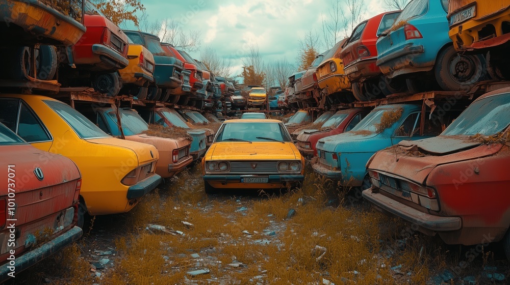 Explore a junkyard filled with abandoned cars, highlighting the impact ...