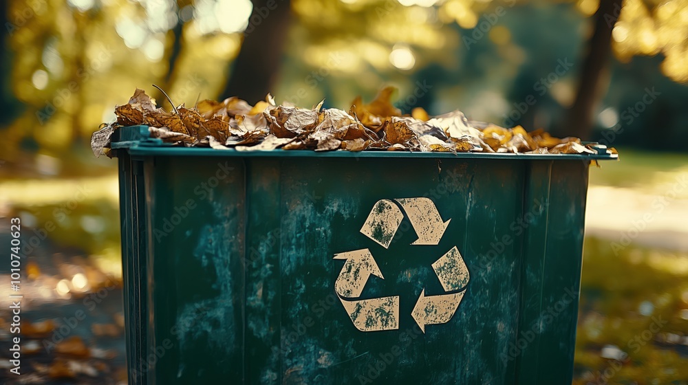 A green recycling bin filled with fallen leaves showcases the ...