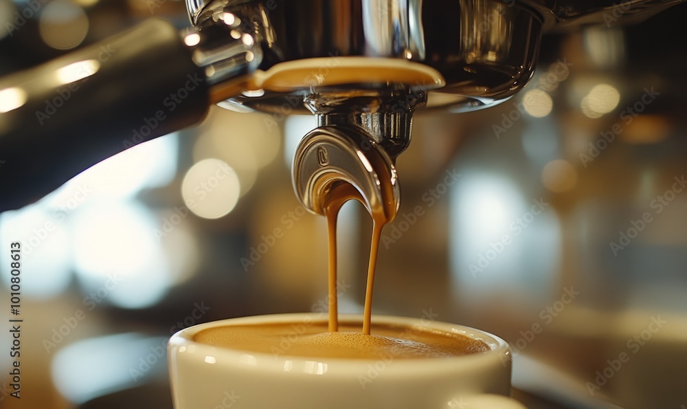 A close-up shot showing an espresso machine dispensing a freshly brewed ...