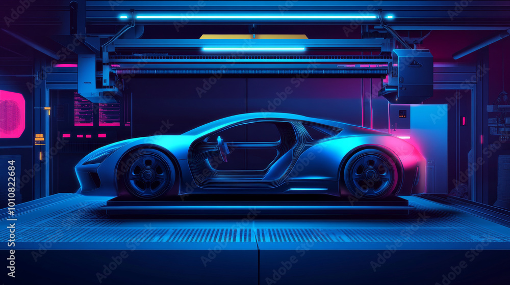 Depict a large industrial 3D printer at the center of the illustration ...