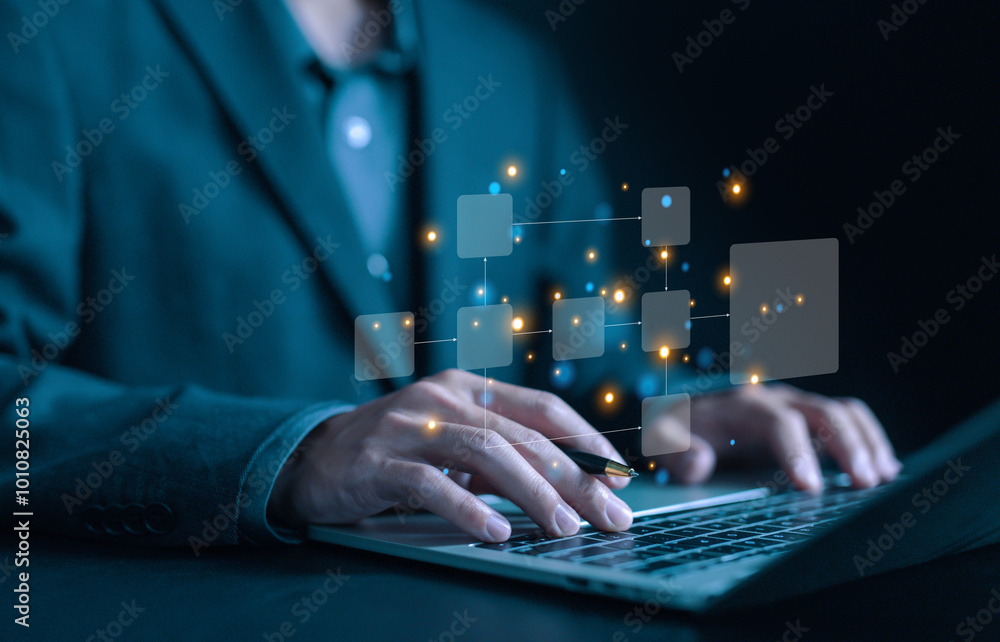 algorithm diagram flow on a computer laptop. hierarchy scheme, model ...