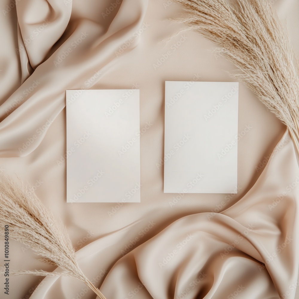 Two holiday, wedding blank cards on a beige background with dry pampas ...