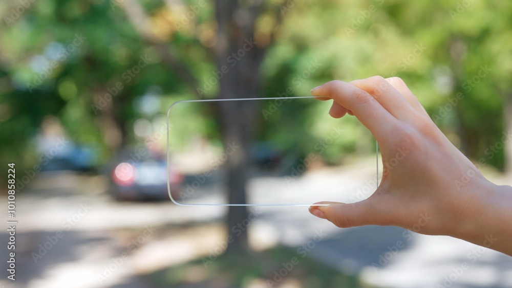 Female hand holding innovative futuristic gadget horizontally with ...