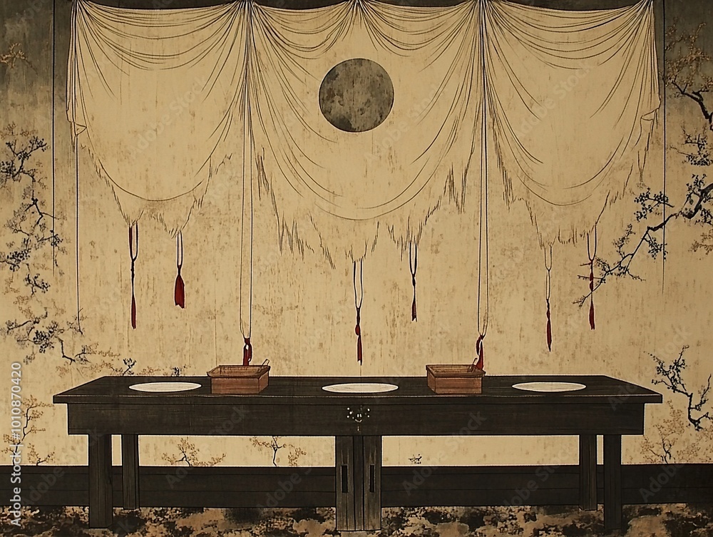 Japanese Woodblock Print: Table with Plates and Red Tassels Stock ...