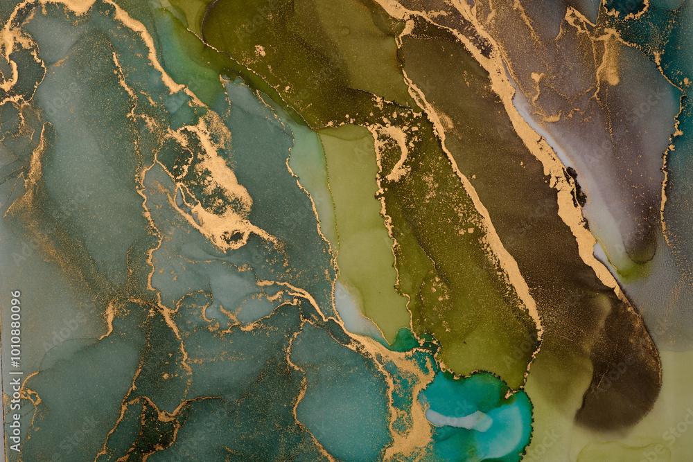 Swirls of color and veins of metallic gold form a flowing, abstract ...