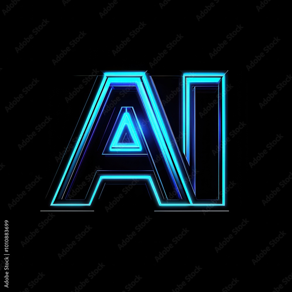 "AI" text in glowing neon blue on a black background, representing the ...