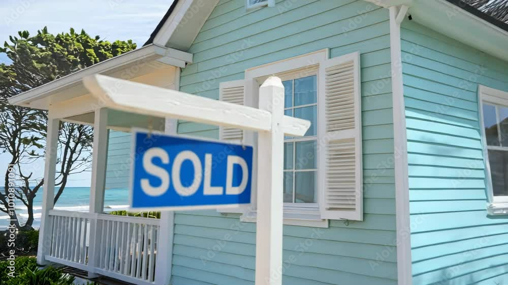 Sold Sign in Front of Small Beach House with Light Blue Siding and ...