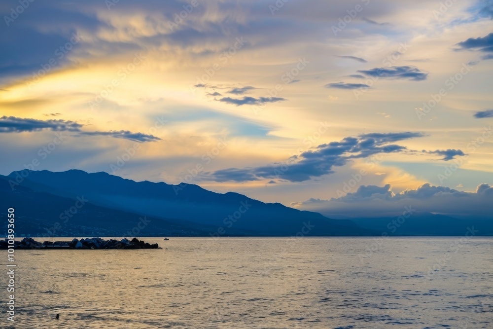 As dawn breaks, the horizon transforms into a palette of golden hues ...