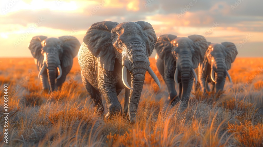 Cartoon 3D A group of elephants walking together in the savannah at ...